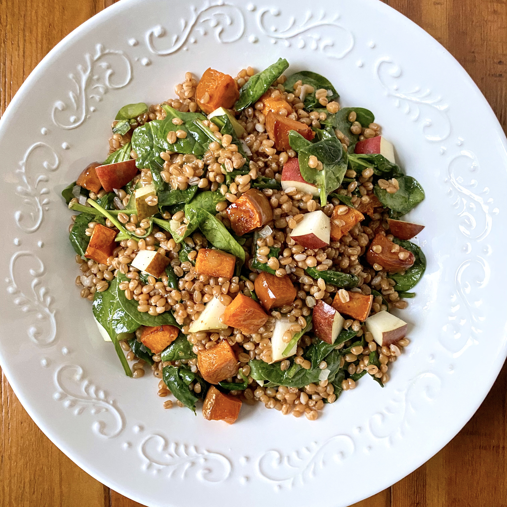 Wheat Berry Salad with Roasted Squash, Spinach and Pear | Thirsty Radish