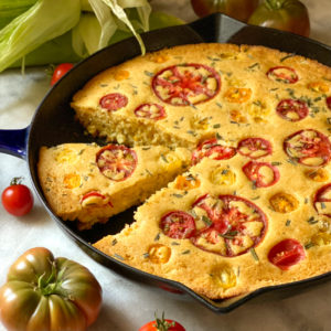 Skillet Cornbread Topped with Tomatoes and Rosemary | Thirsty Radish